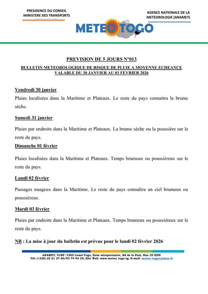 Bulletin de cinq(05) jours du 30 au 03 fevrier 2026